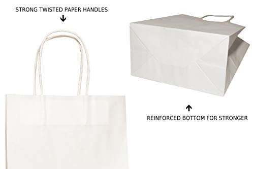 [50 Bags] 10 X 5 X 13 White Kraft Paper Gift Bags Bulk with Handles. Ideal for Shopping, Packaging, Retail, Party, Craft, Gifts, Wedding, Recycled, Business, Goody and Merchandise Bag