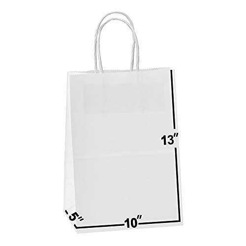 [50 Bags] 10 X 5 X 13 White Kraft Paper Gift Bags Bulk with Handles. Ideal for Shopping, Packaging, Retail, Party, Craft, Gifts, Wedding, Recycled, Business, Goody and Merchandise Bag