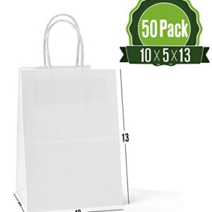 [50 Bags] 10 X 5 X 13 White Kraft Paper Gift Bags Bulk with Handles. Ideal for Shopping, Packaging, Retail, Party, Craft, Gifts, Wedding, Recycled, Business, Goody and Merchandise Bag