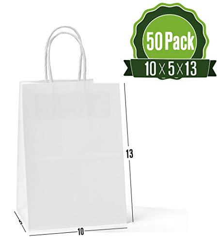 [50 Bags] 10 X 5 X 13 White Kraft Paper Gift Bags Bulk with Handles. Ideal for Shopping, Packaging, Retail, Party, Craft, Gifts, Wedding, Recycled, Business, Goody and Merchandise Bag