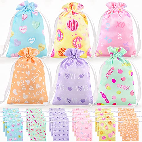 48 Pcs Heart Satin Gift Bags with Drawstring 5 x 7 Inch Candy Heart Gift Wrapping Bags Sweet Reusable Bags Assorted Gift Bags for Easter Birthday Kids Party Favors Anniversary, 6 Designs