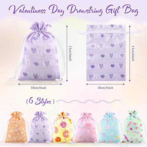 48 Pcs Heart Satin Gift Bags with Drawstring 5 x 7 Inch Candy Heart Gift Wrapping Bags Sweet Reusable Bags Assorted Gift Bags for Easter Birthday Kids Party Favors Anniversary, 6 Designs