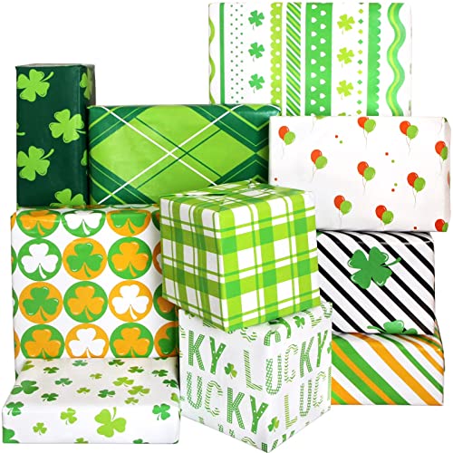 FANCY LAND 10 Sheets St.Patrick’s Day Wrapping Paper Sheets Shamrock Green Gift Wrap Folded Large Sheets 20 X 28 Gift Decoration