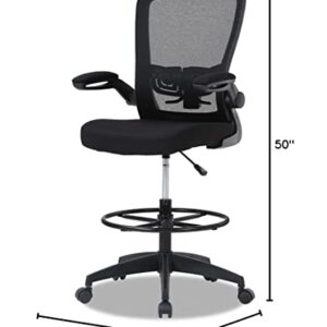 Drafting Chair Tall Office Chair Mid-Back Mesh Ergonomic Computer Chair High Adjustable Standing Desk Chair with Lumbar Support Adjustable Foot Ring and Flip-Up Arms (Black)