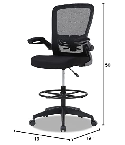 Drafting Chair Tall Office Chair Mid-Back Mesh Ergonomic Computer Chair High Adjustable Standing Desk Chair with Lumbar Support Adjustable Foot Ring and Flip-Up Arms (Black)