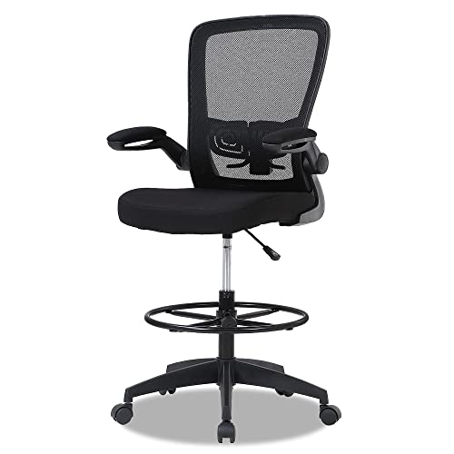 Drafting Chair Tall Office Chair Mid-Back Mesh Ergonomic Computer Chair High Adjustable Standing Desk Chair with Lumbar Support Adjustable Foot Ring and Flip-Up Arms (Black)