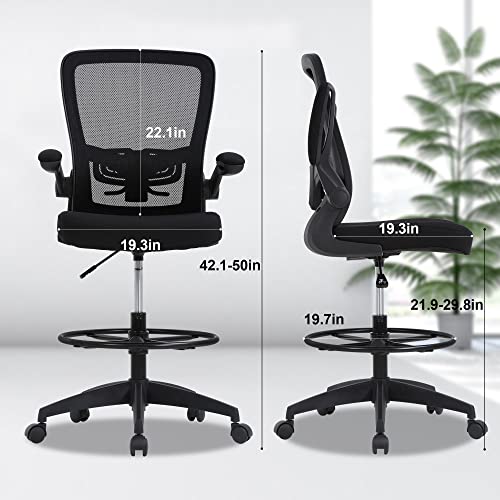 Drafting Chair Tall Office Chair Mid-Back Mesh Ergonomic Computer Chair High Adjustable Standing Desk Chair with Lumbar Support Adjustable Foot Ring and Flip-Up Arms (Black)