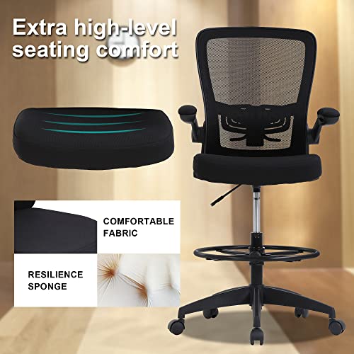 Drafting Chair Tall Office Chair Mid-Back Mesh Ergonomic Computer Chair High Adjustable Standing Desk Chair with Lumbar Support Adjustable Foot Ring and Flip-Up Arms (Black)