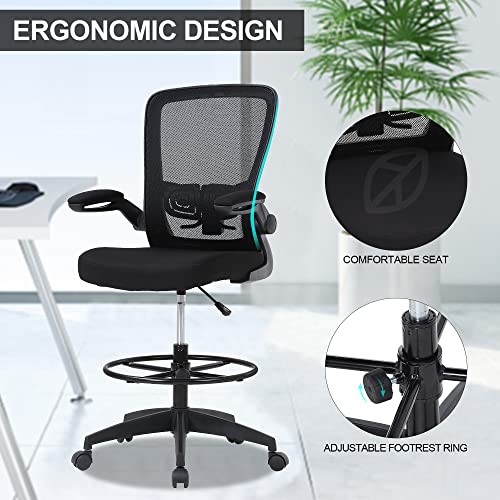 Drafting Chair Tall Office Chair Mid-Back Mesh Ergonomic Computer Chair High Adjustable Standing Desk Chair with Lumbar Support Adjustable Foot Ring and Flip-Up Arms (Black)