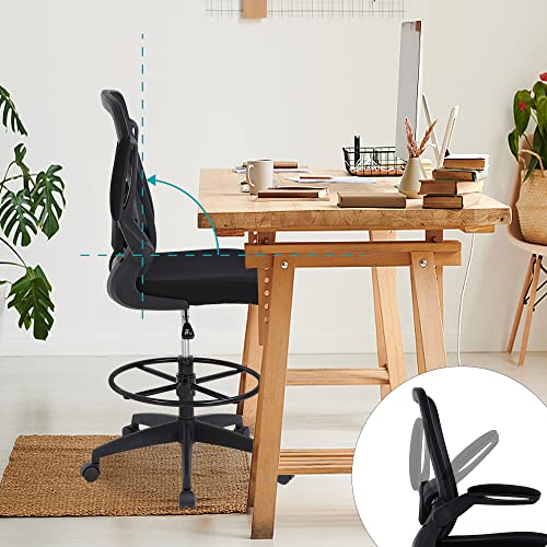 Drafting Chair Tall Office Chair Mid-Back Mesh Ergonomic Computer Chair High Adjustable Standing Desk Chair with Lumbar Support Adjustable Foot Ring and Flip-Up Arms (Black)