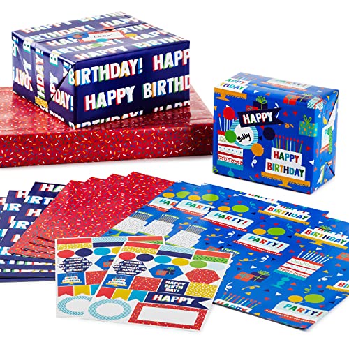 Hallmark Flat Birthday Wrapping Paper Sheets with Cutlines on Reverse (12 Folded Sheets with Sticker Seals) Happy Birthday, Red Confetti, Blue with Cakes