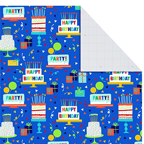 Hallmark Flat Birthday Wrapping Paper Sheets with Cutlines on Reverse (12 Folded Sheets with Sticker Seals) Happy Birthday, Red Confetti, Blue with Cakes