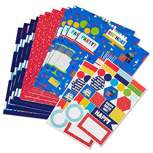 Hallmark Flat Birthday Wrapping Paper Sheets with Cutlines on Reverse (12 Folded Sheets with Sticker Seals) Happy Birthday, Red Confetti, Blue with Cakes