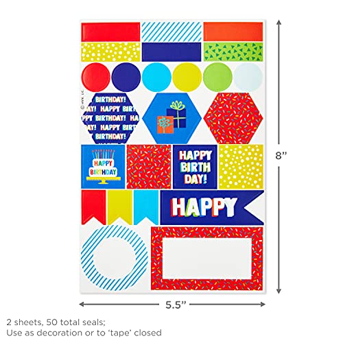 Hallmark Flat Birthday Wrapping Paper Sheets with Cutlines on Reverse (12 Folded Sheets with Sticker Seals) Happy Birthday, Red Confetti, Blue with Cakes