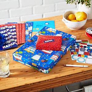 Hallmark Flat Birthday Wrapping Paper Sheets with Cutlines on Reverse (12 Folded Sheets with Sticker Seals) Happy Birthday, Red Confetti, Blue with Cakes