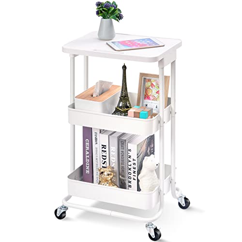 TOOLF 3-Tier Metal Rolling Storage Cart with Plastic Tabletop, 3-Tier Metal Serving Rolling Cart with Contral Handle,Trolley Organizer with Locking Wheels for Library Office Classroom Home Dedroom