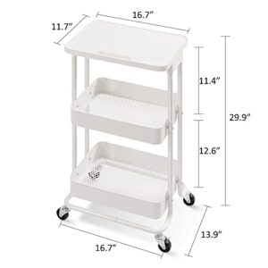 TOOLF 3-Tier Metal Rolling Storage Cart with Plastic Tabletop, 3-Tier Metal Serving Rolling Cart with Contral Handle,Trolley Organizer with Locking Wheels for Library Office Classroom Home Dedroom