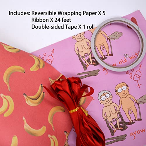 Reversible Gift Wrapping Paper-Rolled 5 Sheets -Couple-Includes Ribbon and Double-sided Tape for Party Birthday Valentine's Day Holiday Present(33" X 17.5" each sheet) (Couple)