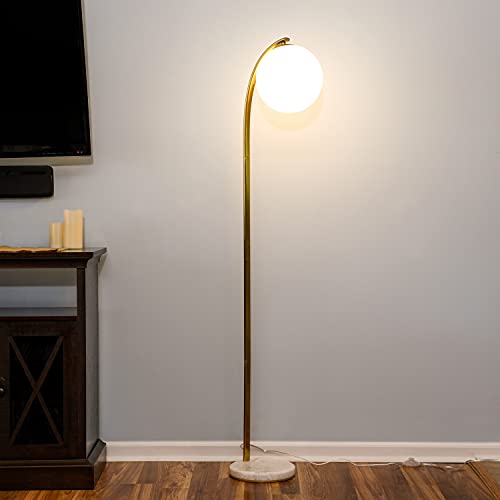 Brightech Luna Drop LED Floor Lamp, Frosted Glass Globe Arcing Living Room Lamp, Mid-Century Modern Standing Lamp for Living Rooms, Boho Rustic Indoor Tall Lamp for Bedrooms & Offices - Brass