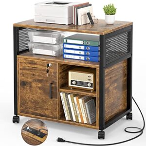 unikito lateral file cabinet, locking office filing cabinets with socket and usb charging port, modern rolling printer stand with storage for a4, letter size and file folders, rustic brown