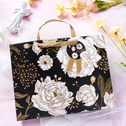 Loveinside Black and Gold Gift Bag Foil Floral with Tissue Paper for Mother's day, Birthday, Valentine's Day, Wedding, Anniversaries, Engagements - 13" x 10" x 5", 1 Pcs