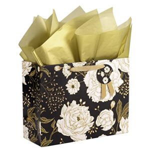 loveinside black and gold gift bag foil floral with tissue paper for mother’s day, birthday, valentine’s day, wedding, anniversaries, engagements – 13″ x 10″ x 5″, 1 pcs