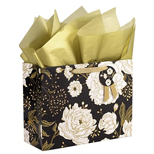 Loveinside Black and Gold Gift Bag Foil Floral with Tissue Paper for Mother's day, Birthday, Valentine's Day, Wedding, Anniversaries, Engagements - 13" x 10" x 5", 1 Pcs