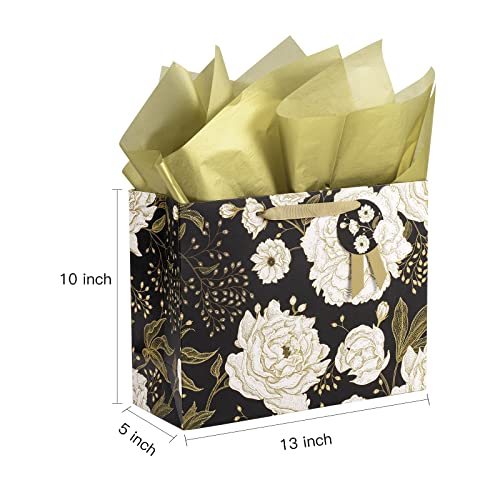 Loveinside Black and Gold Gift Bag Foil Floral with Tissue Paper for Mother's day, Birthday, Valentine's Day, Wedding, Anniversaries, Engagements - 13" x 10" x 5", 1 Pcs