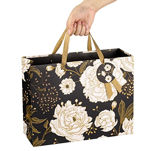 Loveinside Black and Gold Gift Bag Foil Floral with Tissue Paper for Mother's day, Birthday, Valentine's Day, Wedding, Anniversaries, Engagements - 13" x 10" x 5", 1 Pcs