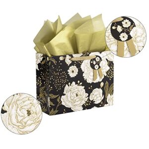 Loveinside Black and Gold Gift Bag Foil Floral with Tissue Paper for Mother's day, Birthday, Valentine's Day, Wedding, Anniversaries, Engagements - 13" x 10" x 5", 1 Pcs