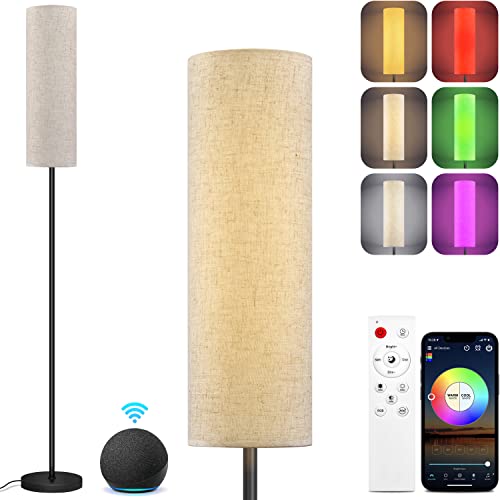 RGBWW Smart LED Floor Lamp for Living Room, Compatible with Alexa, Google Home, 69" Tall Modern Standing Lamp for Bedroom with Remote & WiFi APP Control, 2700k-6500k Corner Lamp with Linen Lampshade