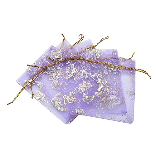 Ankirol 100pcs Mini Sheer Organza Wedding Favor Bags 3.5x4.5'' Luxury Jewelry Candy Gift Card Bags with Gold Line Drawstring Pouches Butterflies (Light Purple)