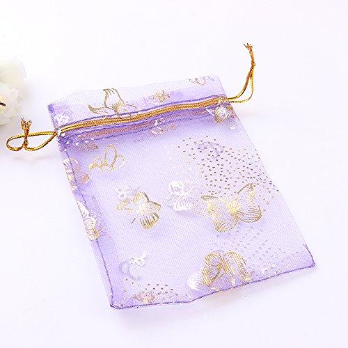 Ankirol 100pcs Mini Sheer Organza Wedding Favor Bags 3.5x4.5'' Luxury Jewelry Candy Gift Card Bags with Gold Line Drawstring Pouches Butterflies (Light Purple)