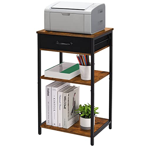 Printer Stand with Storage 3 Tier Home Printer Table with Drawers Multifunctional Under Desk Printer Shelf Holder Industrial End Table Nightstand for Fax Machine Scanner Files Brown