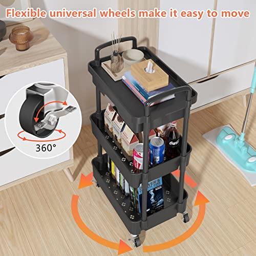 Calmootey 3-Tier Rolling Utility Cart with Drawer,Multifunctional Storage Organizer with Plastic Shelf & Metal Wheels,Storage Cart for Kitchen,Bathroom,Living Room,Office,Black