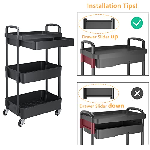 Calmootey 3-Tier Rolling Utility Cart with Drawer,Multifunctional Storage Organizer with Plastic Shelf & Metal Wheels,Storage Cart for Kitchen,Bathroom,Living Room,Office,Black