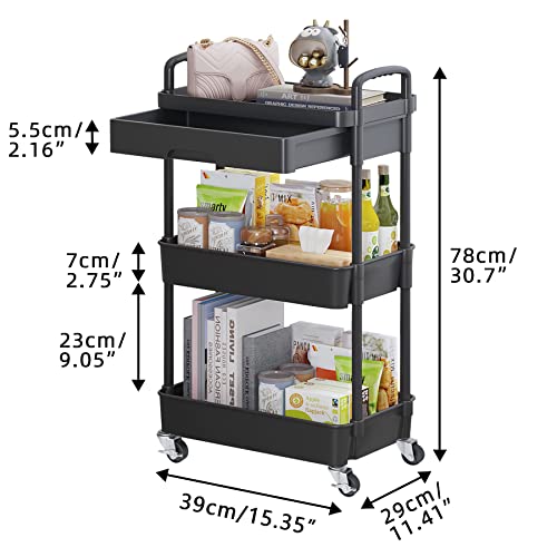 Calmootey 3-Tier Rolling Utility Cart with Drawer,Multifunctional Storage Organizer with Plastic Shelf & Metal Wheels,Storage Cart for Kitchen,Bathroom,Living Room,Office,Black