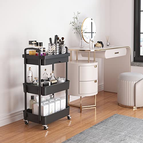 Calmootey 3-Tier Rolling Utility Cart with Drawer,Multifunctional Storage Organizer with Plastic Shelf & Metal Wheels,Storage Cart for Kitchen,Bathroom,Living Room,Office,Black