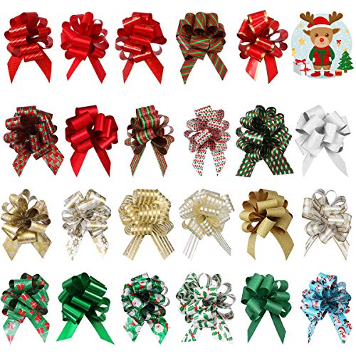 UNOMOR Christmas Pull Bows, 24PCS Different Patterns Present Wrapping Bows for Christmas Holiday Decoration