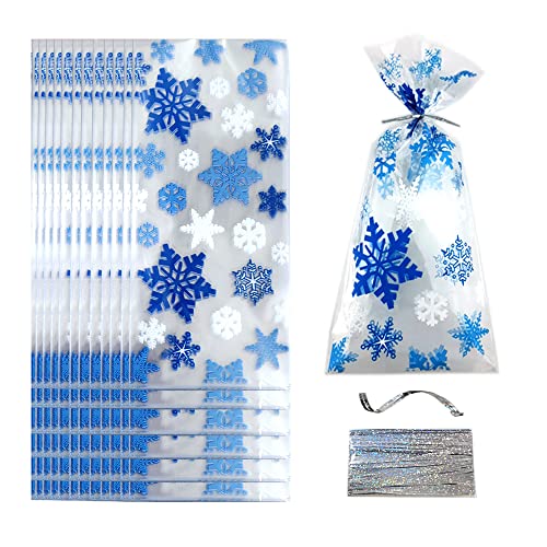 SaktopDeco 100 PCS Christmas Snowflake Cellophane Bags Gift Bags Candy Cookie Bakery Bags with Twist Ties for Christmas Party Snowflakes Birthday Supplies