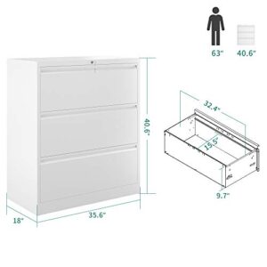 YITAHOME 3 Drawer Lateral File Cabinet with Lock, Metal Stainless Steel Wide Lateral Filing Cabinet for Legal/Letter A4 Size, Office Organizer Storage Cabinet,White