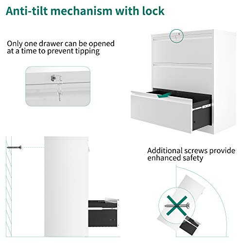 YITAHOME 3 Drawer Lateral File Cabinet with Lock, Metal Stainless Steel Wide Lateral Filing Cabinet for Legal/Letter A4 Size, Office Organizer Storage Cabinet,White