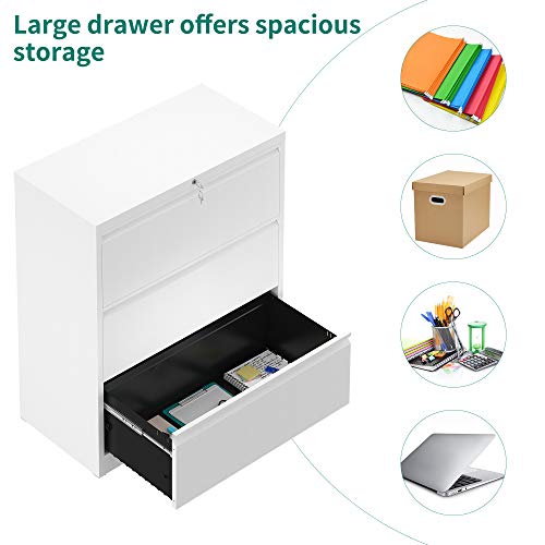 YITAHOME 3 Drawer Lateral File Cabinet with Lock, Metal Stainless Steel Wide Lateral Filing Cabinet for Legal/Letter A4 Size, Office Organizer Storage Cabinet,White