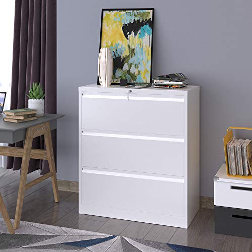 YITAHOME 3 Drawer Lateral File Cabinet with Lock, Metal Stainless Steel Wide Lateral Filing Cabinet for Legal/Letter A4 Size, Office Organizer Storage Cabinet,White