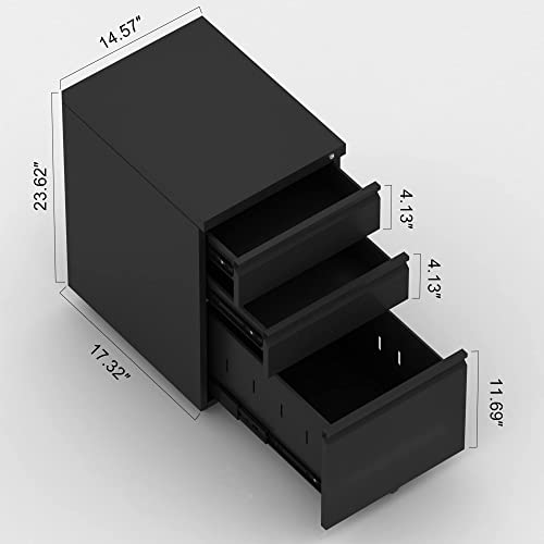 GangMei Mobile File Cabinet Under Desk, 3 Drawers Steel Lateral Filing Cabinet with Lock and Wheels, Fully Assembled(Black)