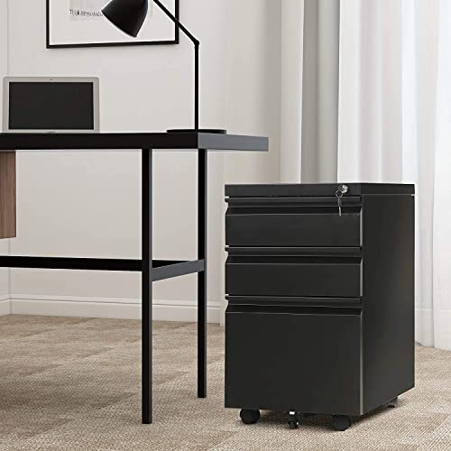 GangMei Mobile File Cabinet Under Desk, 3 Drawers Steel Lateral Filing Cabinet with Lock and Wheels, Fully Assembled(Black)