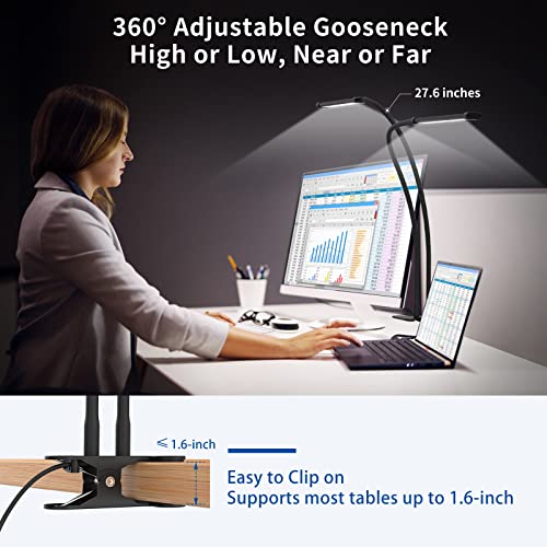 iZELL 154 LED Dimmable Desk Lamp - 【3 Colour Temperatures & 10 Brightness Levels】 2X 70cm Flexible Gooseneck with USB Charger, Easy Clip on Reading Light, Led Table Lamp, Work Lamp for Home/ Office