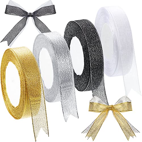 125 Yards 3/4 Inch Glitter Ribbons Metallic Ribbons Gold Ribbons Gift Wrapping, Birthday Holiday Graduation Party Wedding Decoration, Valentine Ribbon, 4 Rolls (Golden, Silvery, Black, White)