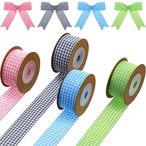 4 Rolls Easter Wired Ribbons Gingham Ribbon Buffalo Check Wired Edge Ribbon Plaid Wrapping Ribbons Christmas Ribbon for DIY Crafts Holiday Party Home Decorations, 1 Inch, 22 Yards