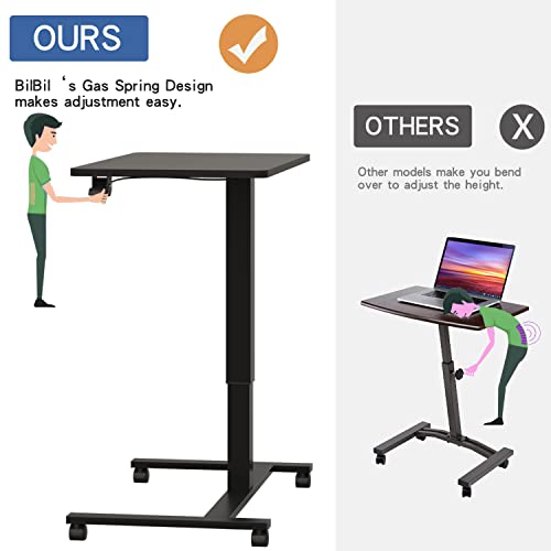 bilbil Pneumatic Mobile Desk, Gas-Spring Height Adjustable Sit to Stand Desk, Overbed Laptop Table Computer Cart with Lockable Casters, Portable Work Table for Home, Office, Black